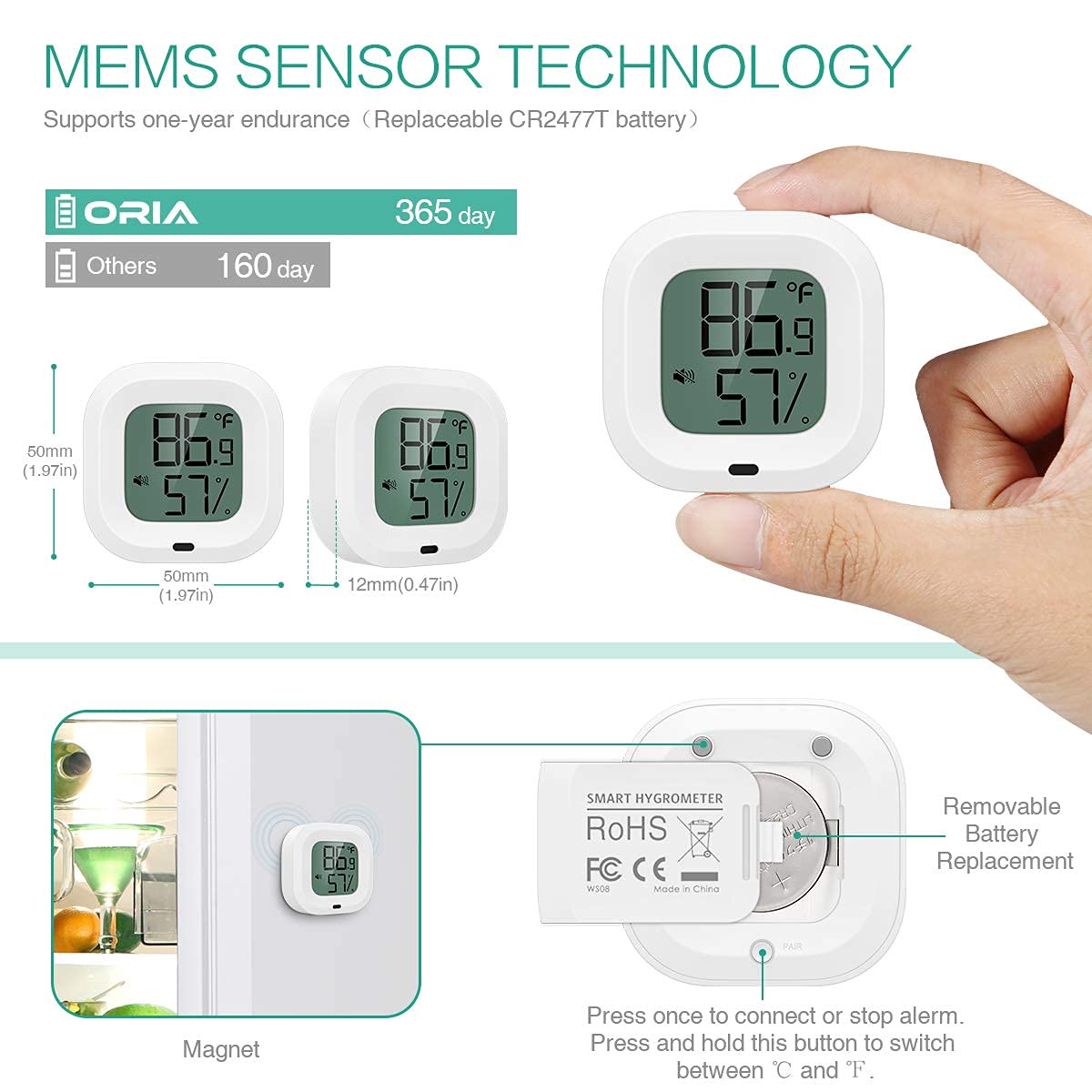 ORIA Mini Wireless Thermometer Hygrometer, Wireless Indoor Temperature Humidity Sensor, Temp Humidity Gauge Meter with APP Alert, Data Export for Home