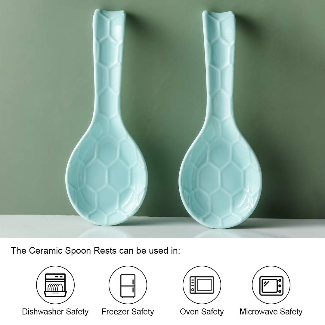 CHILDIKE 2Pcs Porcelain Spoon Rests 9.5 inch Ceramic Utensil Holder for Counter Stove Top, Ladles, Tong, Spatula, Kitchen Decor Accessories, Birthday, Christmas Gifts (Mint Green)