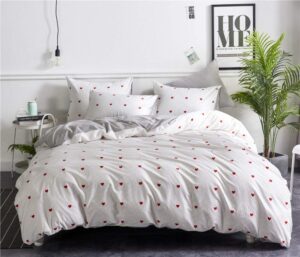 lrjkuaj bedding duvet cover set,modern red small heart striped pattern white washed full cotton quilt covers with 2 pillowcases zipper closure ties (king (u.s. standard))