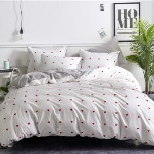 LRJKUAJ Bedding Duvet Cover Set,Modern Red Small Heart Striped Pattern White Washed Full Cotton Quilt Covers with 2 Pillowcases Zipper Closure Ties (King (U.S. Standard))