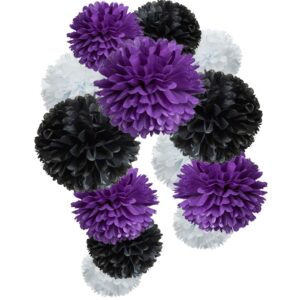 paper flower tissue pom poms graduation and galaxy party favor supplies (black,purple,white,12pc)