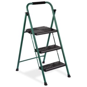 delxo non-slip 3 step stool folding sturdy steel wide step ladder with hand grip and locking mechanism for indoor household kitchens, green/black