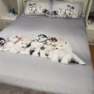 JF-107 3pcs Husky Babies 3D Digital Animal Print Bed Sheet Set Dogs Duvet Cover Set Grey Bedding Sets Twin Full Queen King Size, not Comforter (Twin)