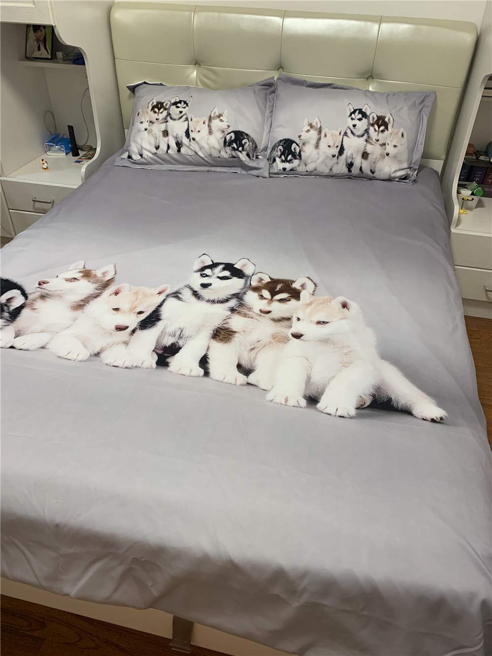 JF-107 3pcs Husky Babies 3D Digital Animal Print Bed Sheet Set Dogs Duvet Cover Set Grey Bedding Sets Twin Full Queen King Size, not Comforter (Twin)