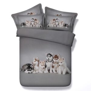 jf-107 3pcs husky babies 3d digital animal print bed sheet set dogs duvet cover set grey bedding sets twin full queen king size, not comforter (twin)