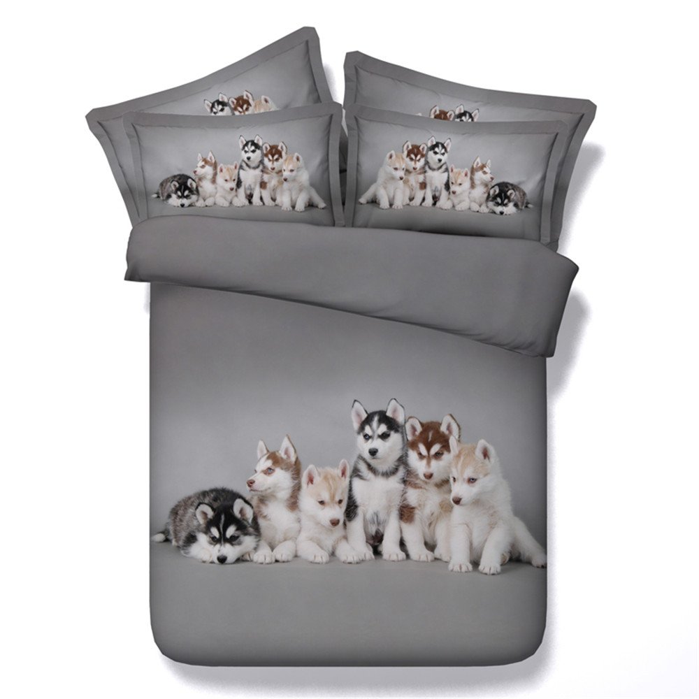 JF-107 3pcs Husky Babies 3D Digital Animal Print Bed Sheet Set Dogs Duvet Cover Set Grey Bedding Sets Twin Full Queen King Size, not Comforter (Twin)