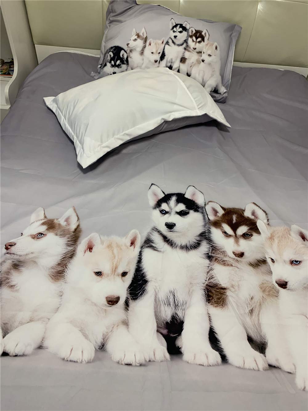 JF-107 3pcs Husky Babies 3D Digital Animal Print Bed Sheet Set Dogs Duvet Cover Set Grey Bedding Sets Twin Full Queen King Size, not Comforter (Twin)