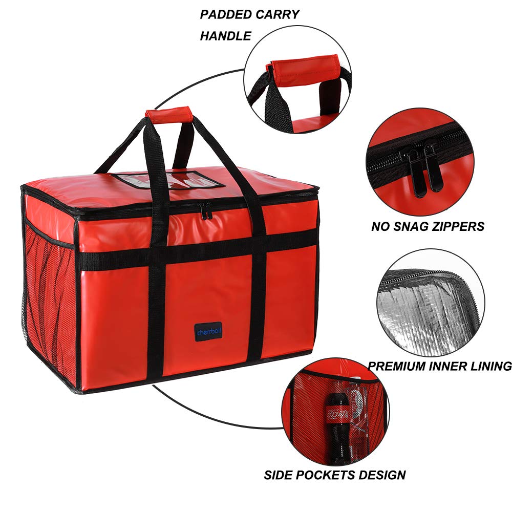 cherrboll Insulated Food Delivery Bag -23"x14"x15", Premium Large Commercial Catering Bag for Food Transport, Thermal Food Carrier with Side Pockets, Extra Strength Zipper & Thick Insulation, Red