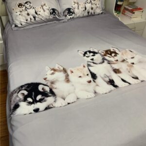 JF-107 3pcs Husky Babies 3D Digital Animal Print Bed Sheet Set Dogs Duvet Cover Set Grey Bedding Sets Twin Full Queen King Size, not Comforter (Twin)