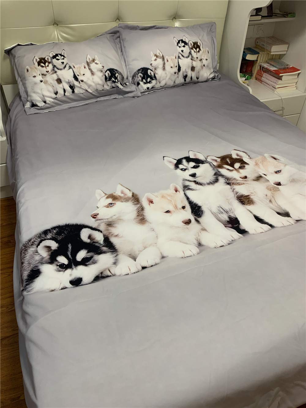 JF-107 3pcs Husky Babies 3D Digital Animal Print Bed Sheet Set Dogs Duvet Cover Set Grey Bedding Sets Twin Full Queen King Size, not Comforter (Twin)