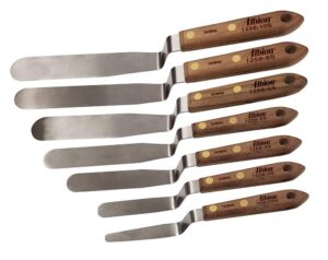 albion engineering 1258-g01 7-piece classic offset caulk tooling spatula set, stainless steel with hardwood handle