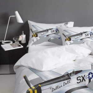 Artistic Duvet Cover Queen Size 4Pcs Bedding Duvet Cover Set(Comforter Cover Pillowcases Flat Sheet) P-51 Dallas Doll Print American Air Force Classic Plane Bedding Cover Set for Bedroom, Hotel Decor