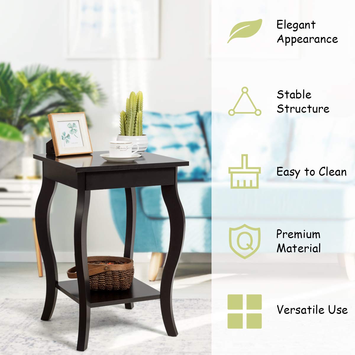 Giantex End Table 16" W/Storage & Shelf Curved Legs Home Furniture for Living Room Accent Sofa Side Table Nightstand (2, Dark Coffee)