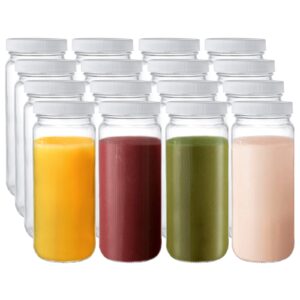 suwimut 16 pack glass juicing bottles, 16oz reusable glass drinking bottle jar clear glass water bottle with plastic airtight lids for juice, smoothies, tea, milk, kombucha, beverages