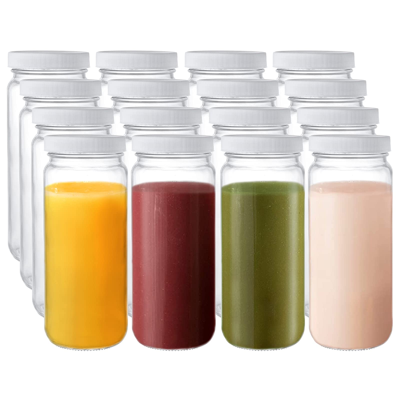 Suwimut 16 Pack Glass Juicing Bottles, 16oz Reusable Glass Drinking Bottle Jar Clear Glass Water Bottle with Plastic Airtight Lids for Juice, Smoothies, Tea, Milk, Kombucha, Beverages