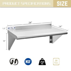 Hally Stainless Steel Shelf 14 x 24 Inches 250 lb Commercial Wall Mount Floating Shelving for Restaurant, Kitchen, Home and Hotel