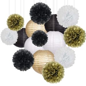 zilue black gold party decorations, black gold paper lanterns and pom poms flowers for birthday party graduation masquerade new years party decor 15pcs