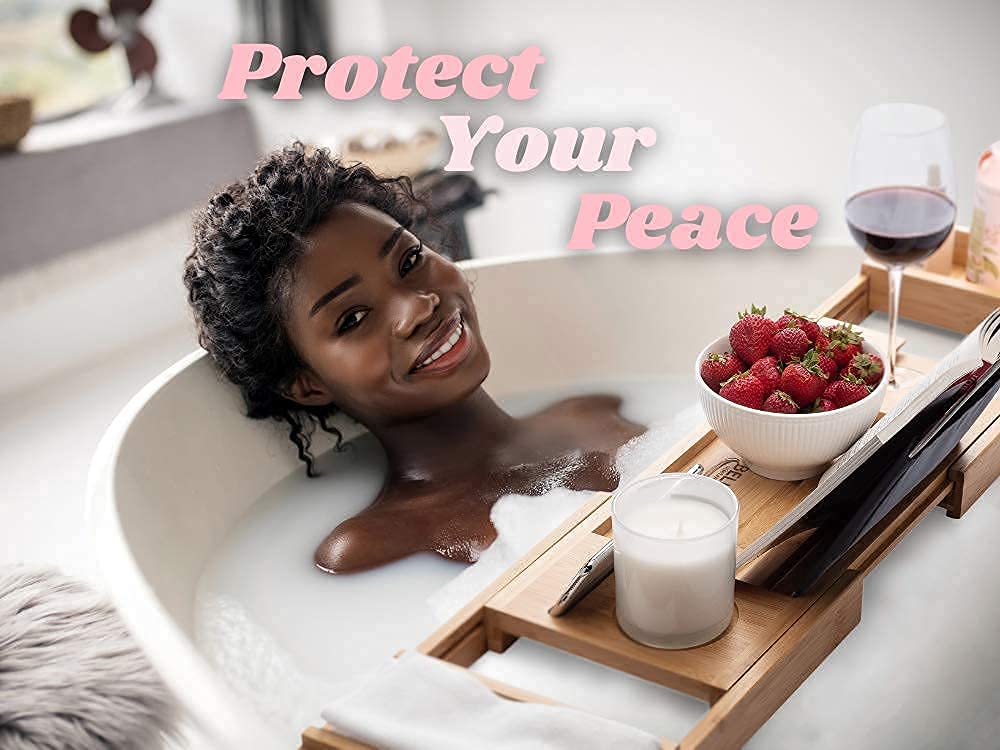 Luxury Bamboo Bathtub Caddy Tray with Two Free Bath Bombs, Soap Holder, and Non-Slip Silicone Grips - Durable and Solid - Expandable Organizer with Removable Spa Trays