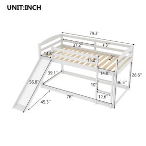 SOFTSEA Floor Bunk Bed with Slide for Teens, Twin Over Twin Low Bunk Bed with Full Guardrails(White)