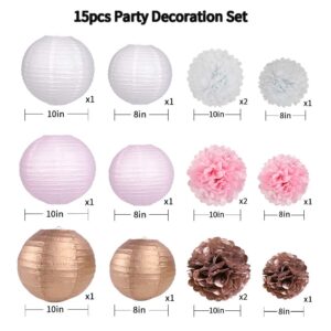 zilue Rose Gold Party Decorations, Pink Rose Gold Paper Lanterns and Pom Poms Flowers for Birthday Party Bridal Shower Bachelorette Party Decor 15PCS