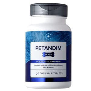 petandim dog vitamins, 30 chewable tablets, reduce oxidative stress, joint supplement for dogs, dog skin and coat supplement, vitamin for dogs in a bacon, chicken, and liver flavored chewable tablet