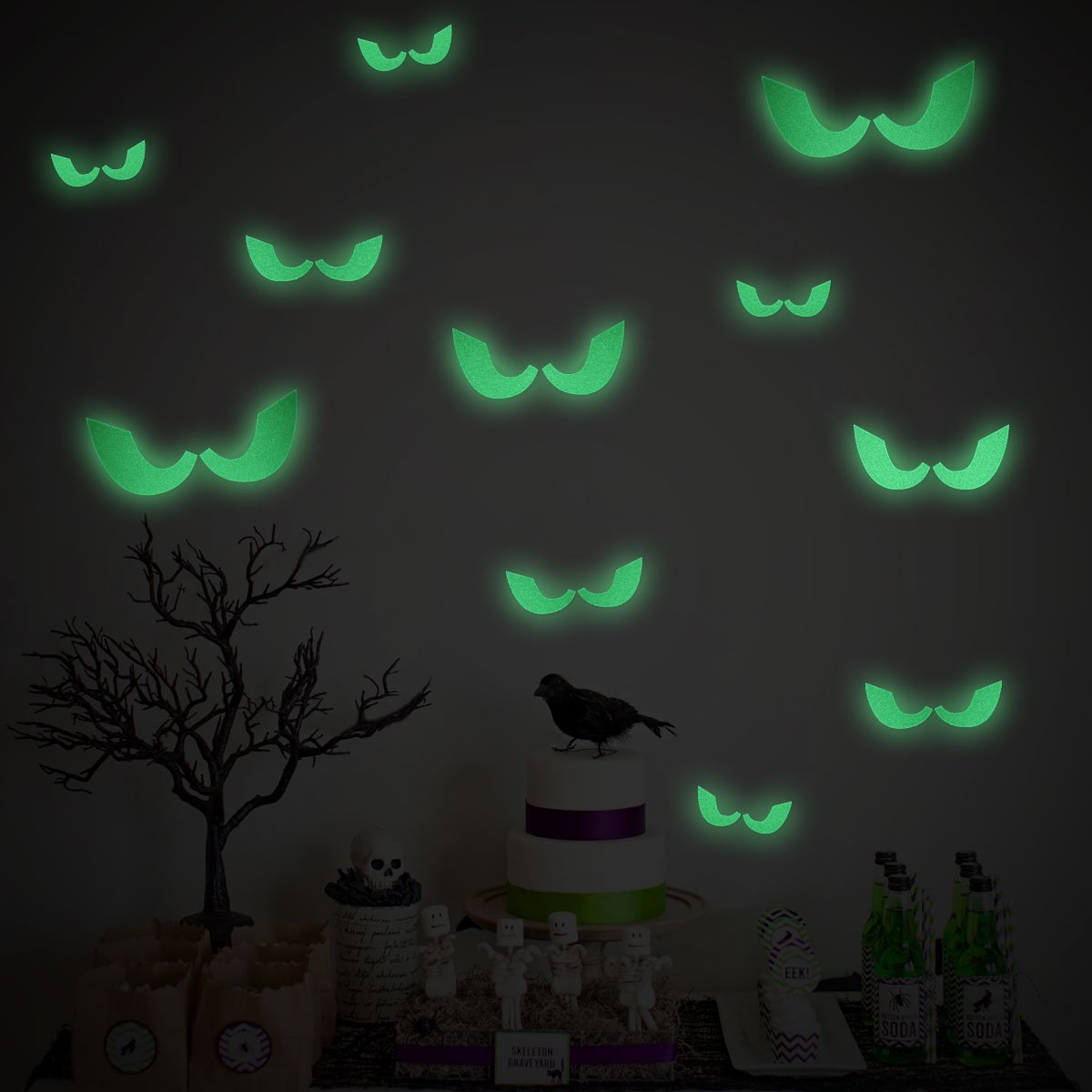 Halloween Wall Decal: Fluorescent Luminous Stickers Glow in Dark Evil Peeping Eyes Waterproof Removable Stickers for Halloween Wall, Window, Ceiling Decoration Party Supplies - 23 Pcs with 5 Sizes