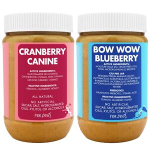 Bow-Wow Blueberry (probiotic + prebiotic) + Cranberry Canine (hip + joint) BUDDY BUDDER, 100% Natural Dog Peanut Butter, Healthy Peanut Butter Supplements, Made in USA (17oz jars)