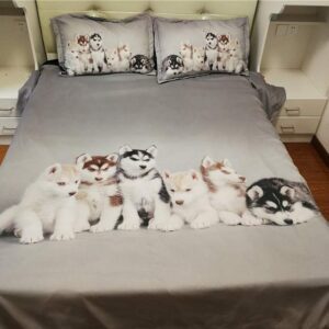 JF-107 3pcs Husky Babies 3D Digital Animal Print Bed Sheet Set Dogs Duvet Cover Set Grey Bedding Sets Twin Full Queen King Size, not Comforter (Twin)