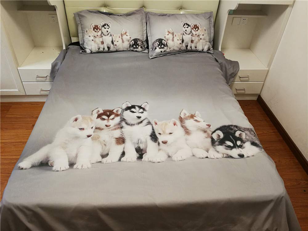 JF-107 3pcs Husky Babies 3D Digital Animal Print Bed Sheet Set Dogs Duvet Cover Set Grey Bedding Sets Twin Full Queen King Size, not Comforter (Twin)