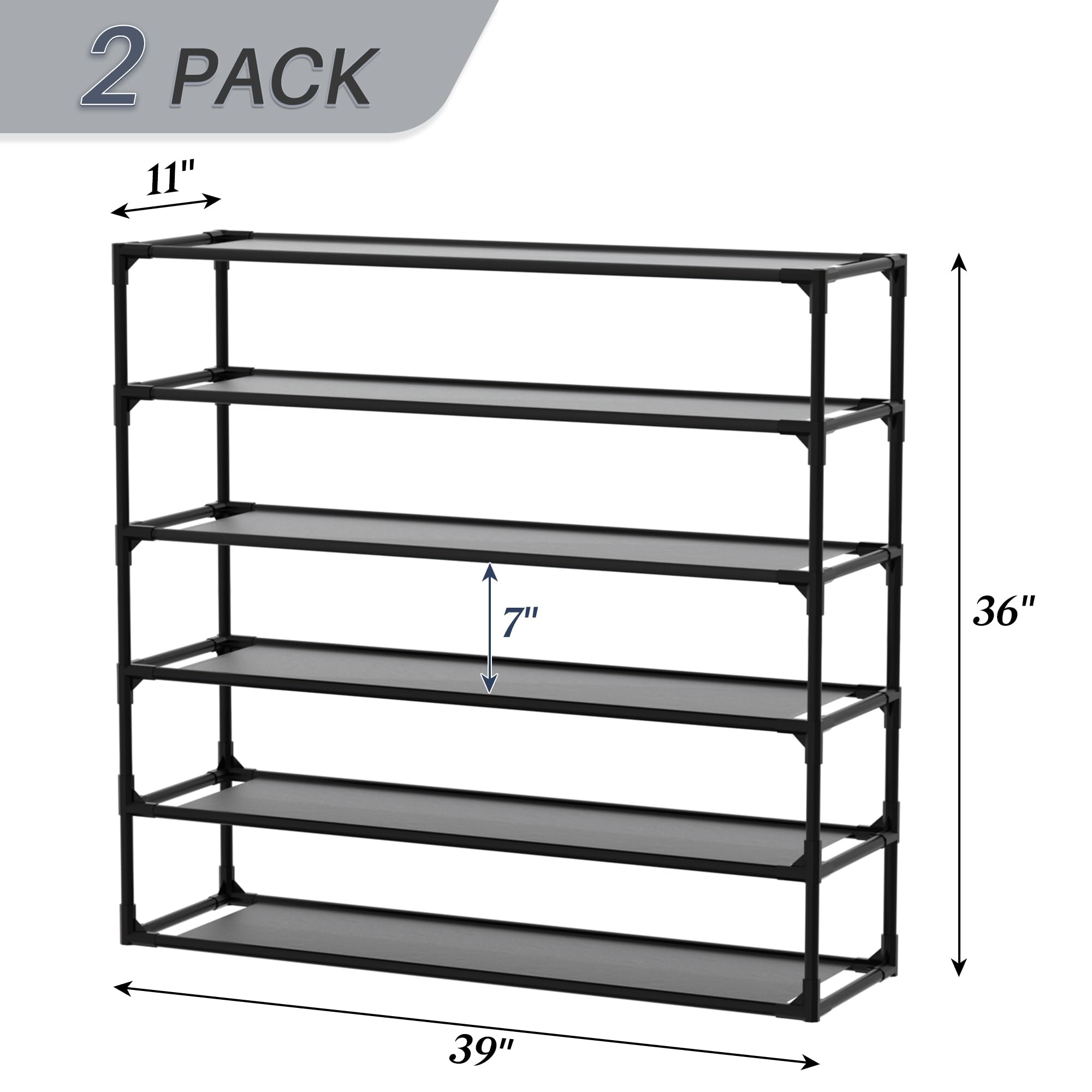 TY ARTS & CULTURE 2 Pack 6-Tiers Shoe Rack Organizer, Sturdy Metal Pipes & Durable Non-Woven Fabric, Space Saving Tall Shoe Rack Hold 48-60airs, Shoe Rack for Entryway (Black)