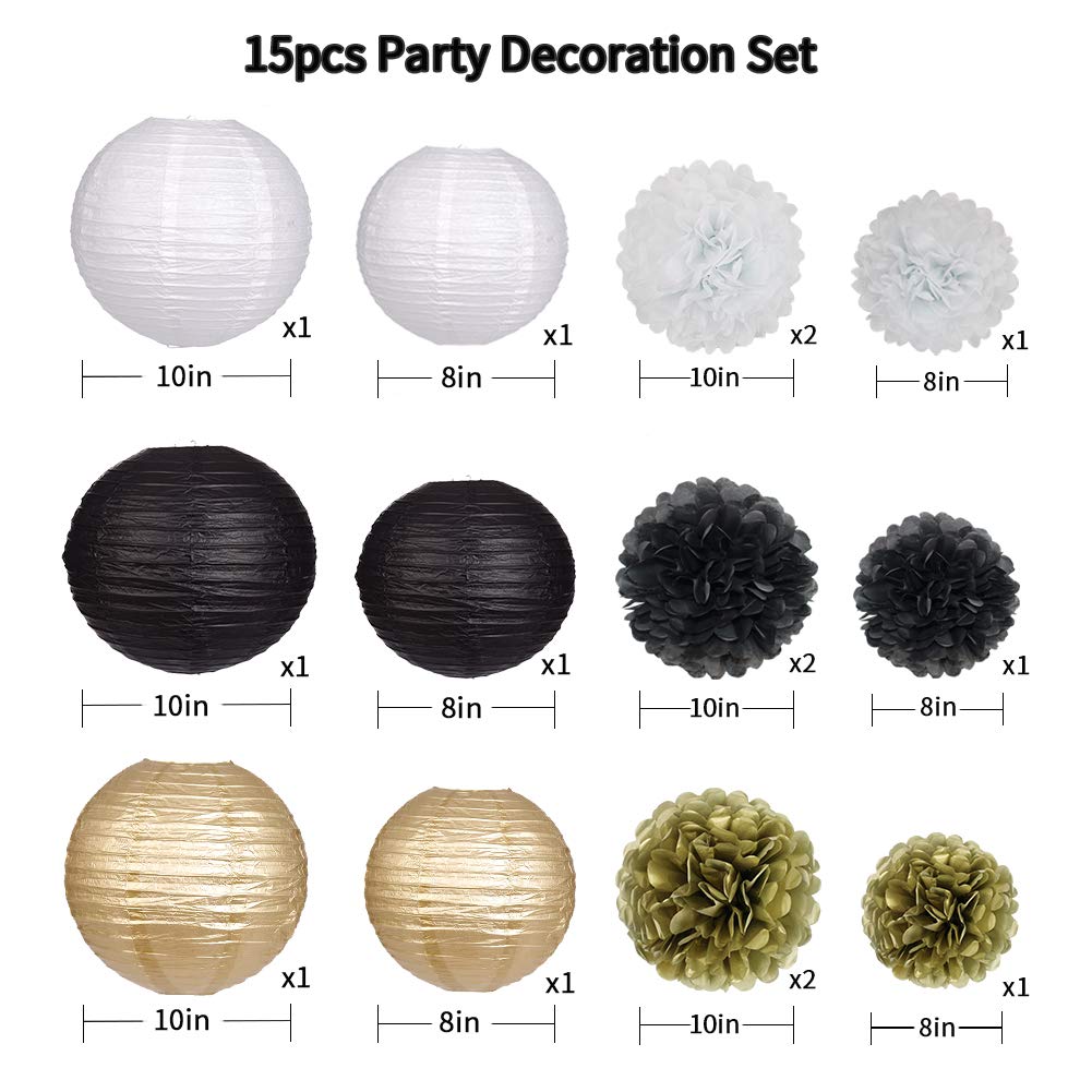 zilue Black Gold Party Decorations, Black Gold Paper Lanterns and Pom Poms Flowers for Birthday Party Graduation Masquerade New Years Party Decor 15PCS