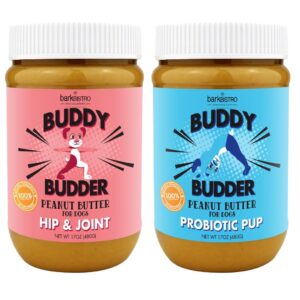 bow-wow blueberry (probiotic + prebiotic) + cranberry canine (hip + joint) buddy budder, 100% natural dog peanut butter, healthy peanut butter supplements, made in usa (17oz jars)