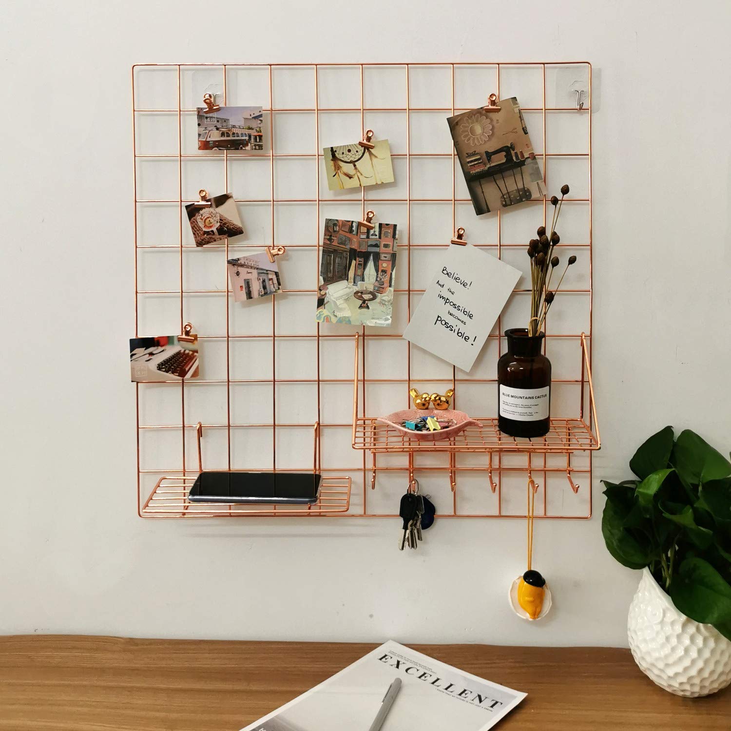 Yash Metal Wire Grid Panel, Display Organizer, Postcard Wall Artwork Display for Home Office Living Room Dorm Kitchen Storage Grid Wall, 23.6" X 23.6", Pack of 2 Pcs, Rose Gold