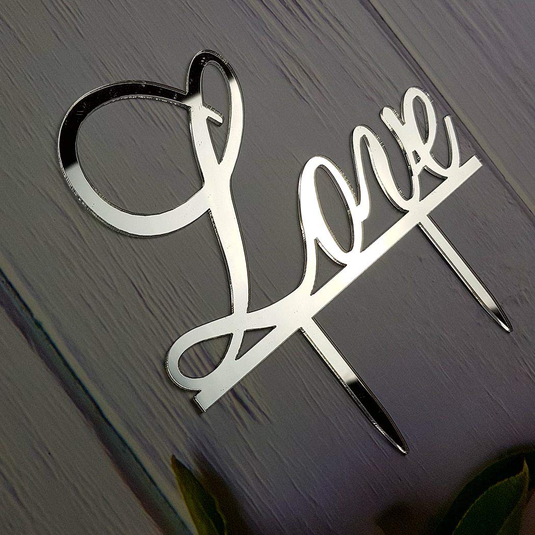 Love Cake Topper - Wedding/Engagement/Bridal Shower/Anniversary/Birthday/Bachelorette/Confession Party Decorations Supplies - Mirror Silver Acrylic