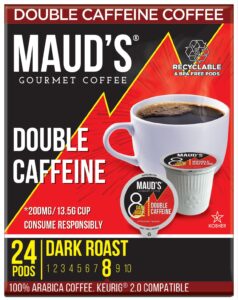 maud's double caffeine dark roast coffee pods, 24 ct | 2x double caffeine coffee | 100% arabica dark roast coffee | solar energy produced recyclable pods compatible with keurig k cups maker