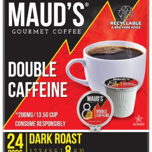 Maud's Double Caffeine Dark Roast Coffee Pods, 24 ct | 2X Double Caffeine Coffee | 100% Arabica Dark Roast Coffee | Solar Energy Produced Recyclable Pods Compatible with Keurig K Cups Maker