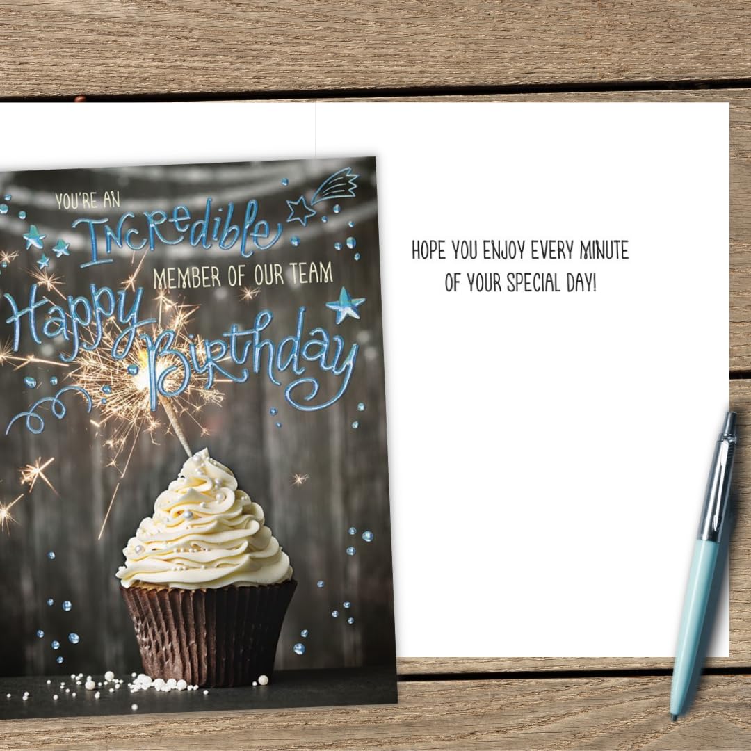 25 Employee Birthday Cards - Cupcake & Stars Design with Blue Holographic Foil Embossing - 26 White Envelopes - FSC Mix