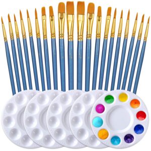 paint brushes palettes set by dugato, 2 packs/20pcs round pointed tip nylon hair brushes with 5 paint trays for acrylic watercolor oil gouache tempera and body painting