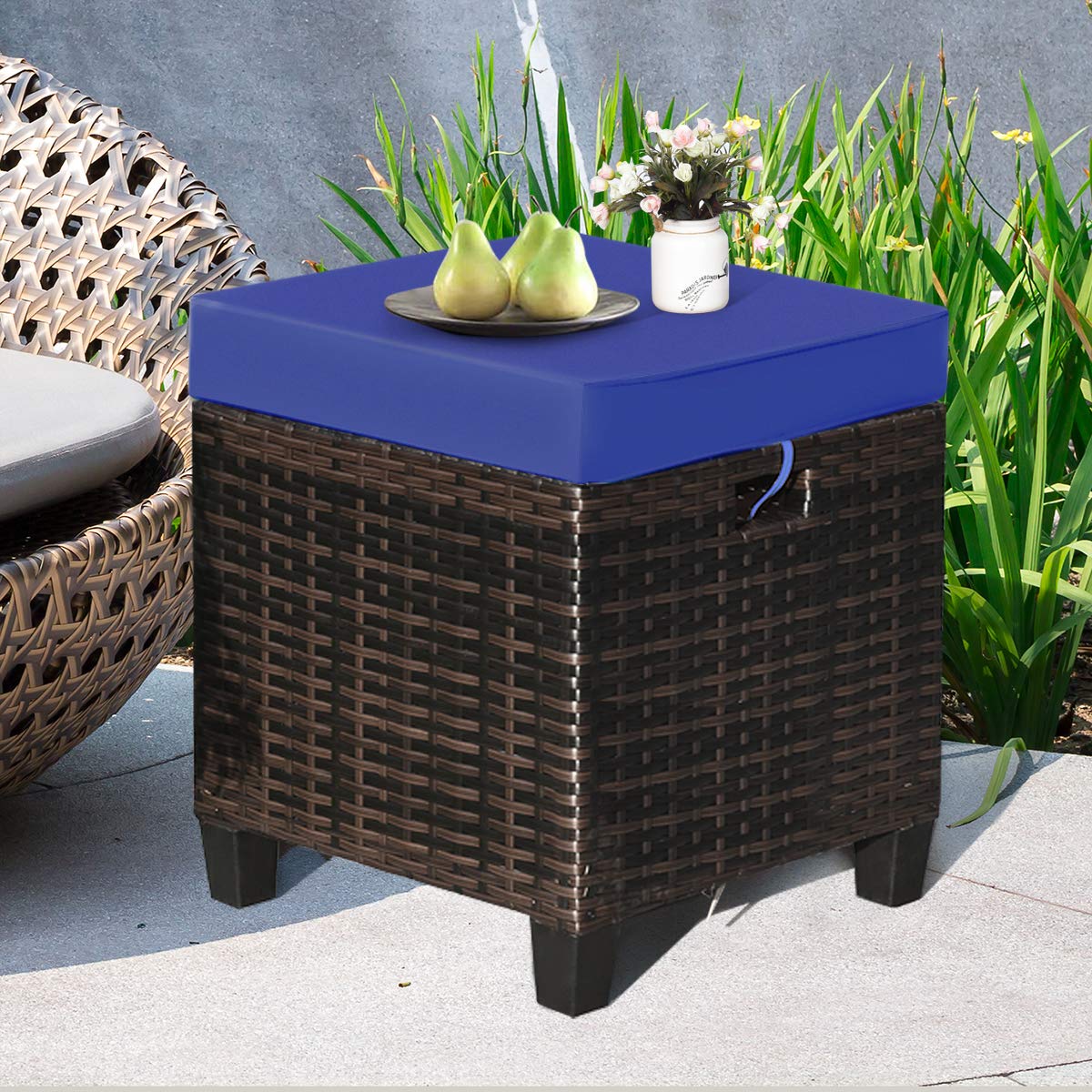 Tangkula 2 Pieces Outdoor Patio Ottoman, All Weather Rattan Wicker Ottoman Seat, Patio Rattan Furniture, Outdoor Footstool Footrest Seat w/Removable Cushions