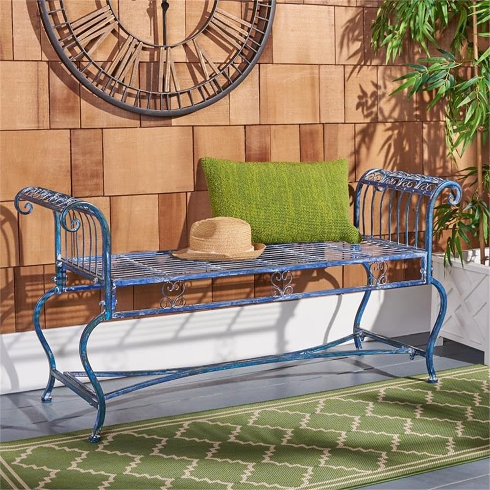 SAFAVIEH Outdoor Collection Brielle Victorian Antique Blue Bench