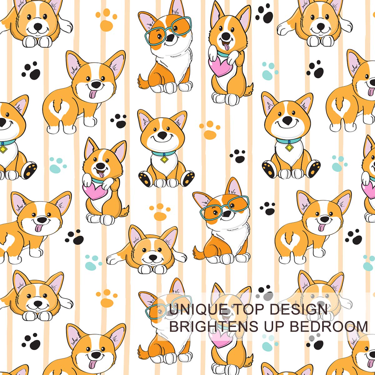 BlessLiving Kids Dog Bedding Twin Size 3D Orange Corgi Modern Striped Bedspread 3 Piece Puppy Animals Duvet Cover Set for Boys Girls