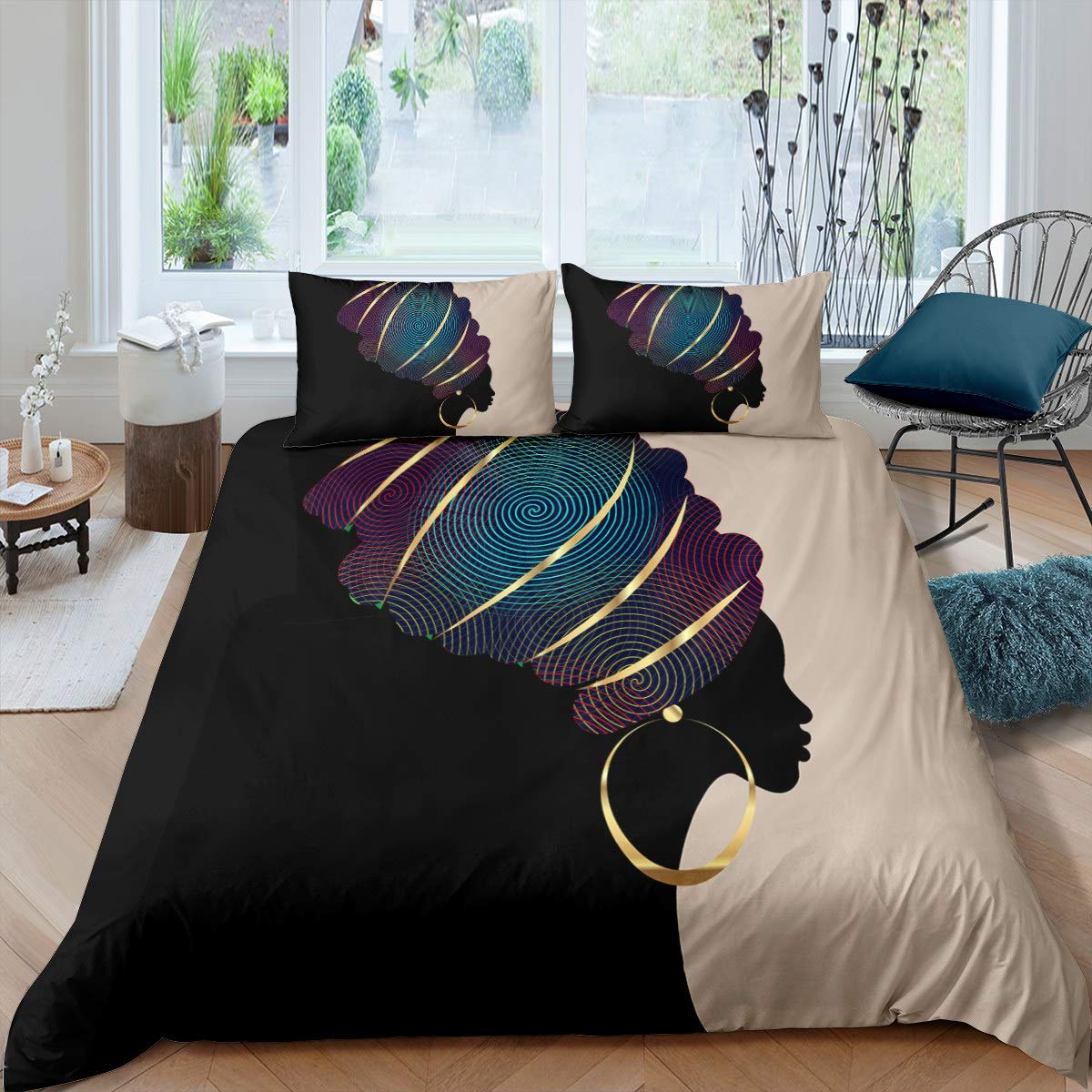 Feelyou African Woman Comforter Cover Set Ethnic Afro Duvet Cover Traditional Exotic Style Bedding Set Indian Tribal Bedspread Cover Bedroom Decor 3Pcs Bedcloths King Size Black Beige