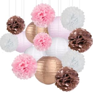 zilue rose gold party decorations, pink rose gold paper lanterns and pom poms flowers for birthday party bridal shower bachelorette party decor 15pcs