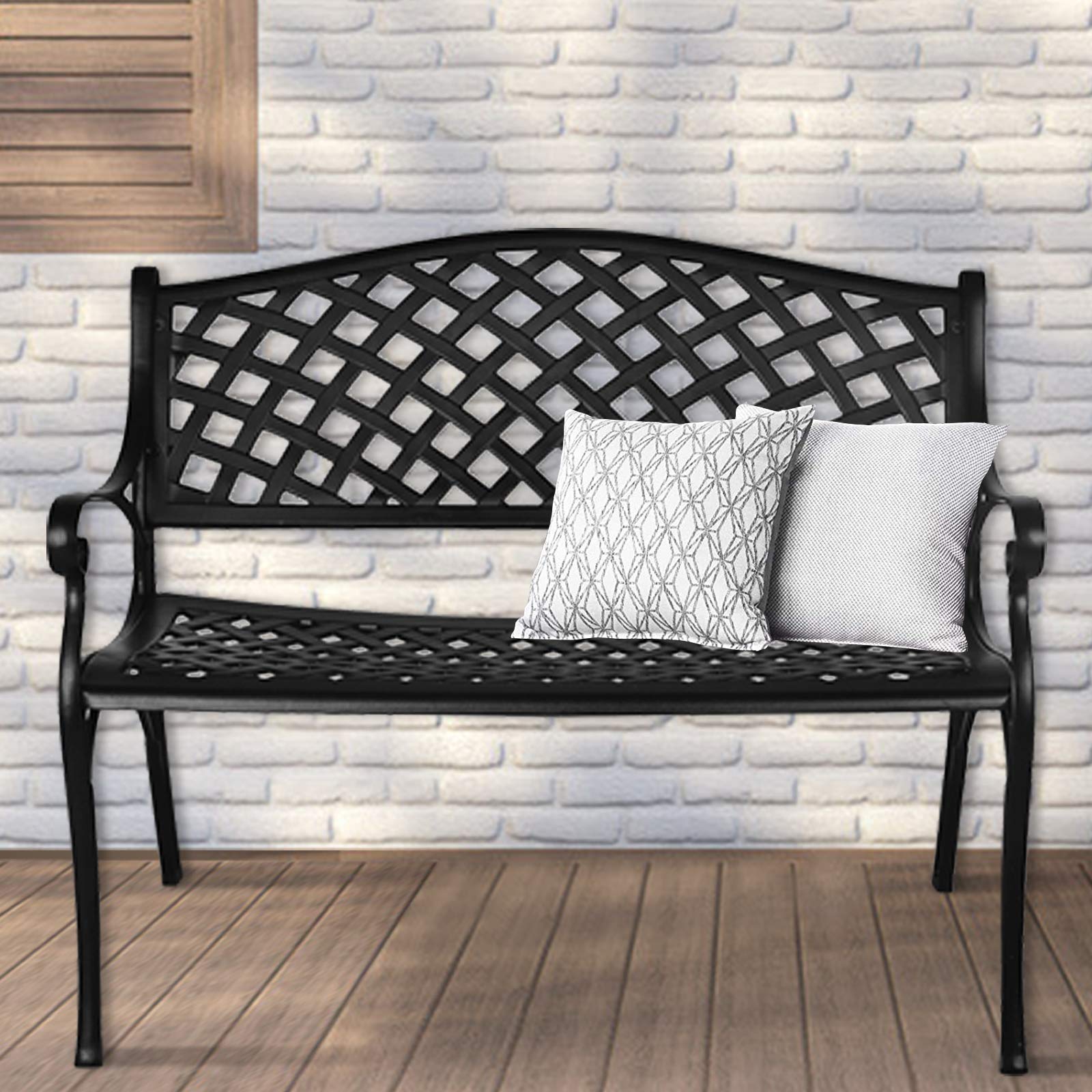 GIODIR Outdoor Patio Garden Bench All-Weather Cast Aluminum Loveseats Park Yard Furniture Porch Chair Work Entryway Decor w/Checkered Design (Black)