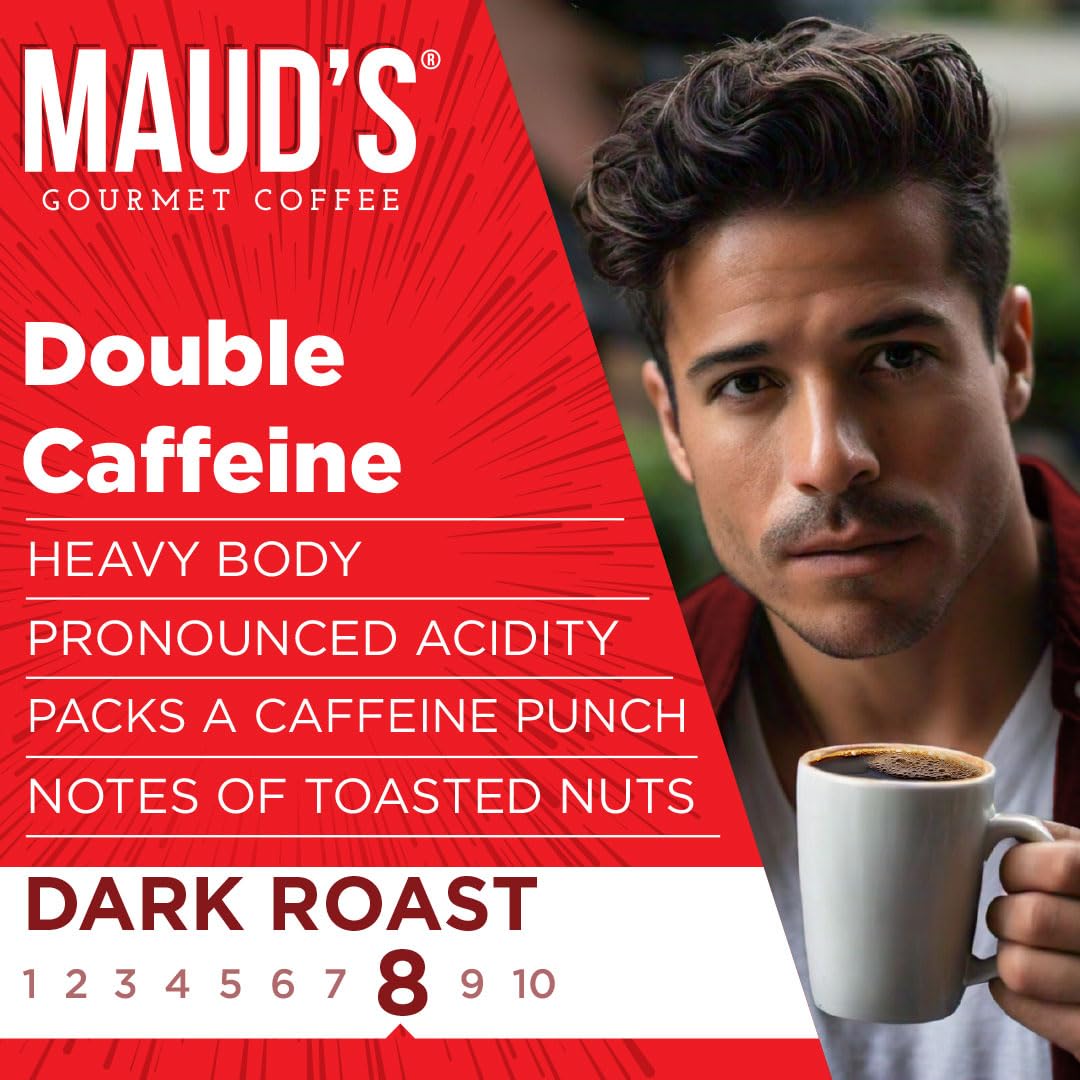 Maud's Double Caffeine Dark Roast Coffee Pods, 24 ct | 2X Double Caffeine Coffee | 100% Arabica Dark Roast Coffee | Solar Energy Produced Recyclable Pods Compatible with Keurig K Cups Maker