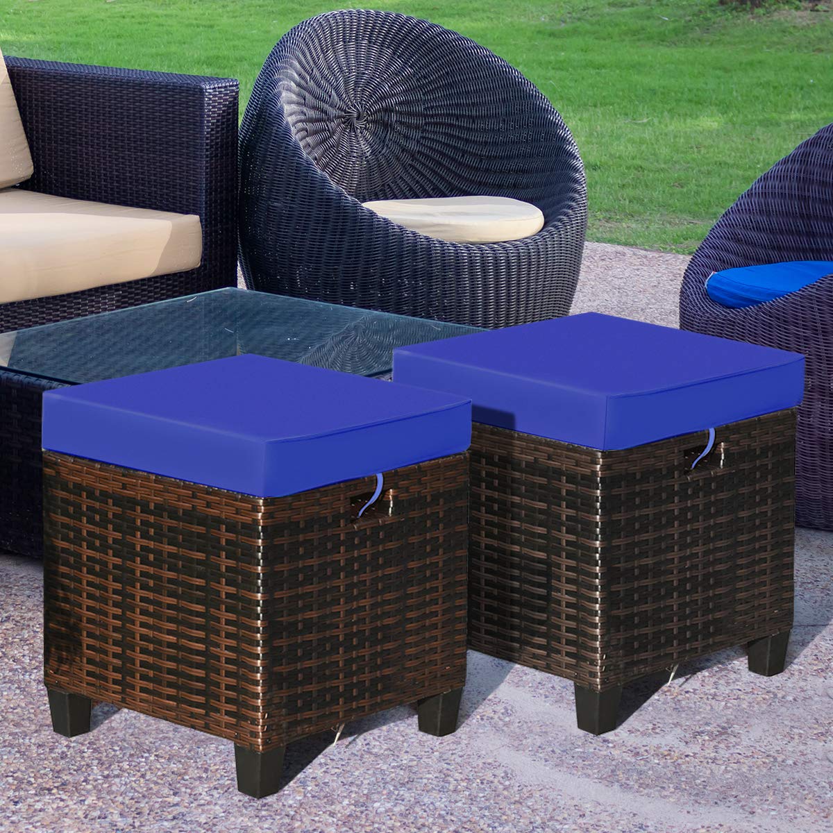 Tangkula 2 Pieces Outdoor Patio Ottoman, All Weather Rattan Wicker Ottoman Seat, Patio Rattan Furniture, Outdoor Footstool Footrest Seat w/Removable Cushions