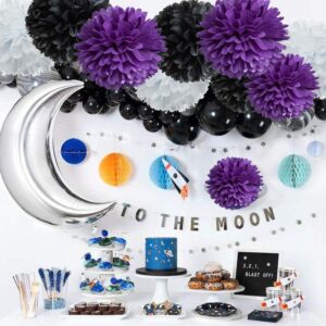 Paper Flower Tissue Pom Poms Graduation and Galaxy Party Favor Supplies (Black,Purple,White,12pc)