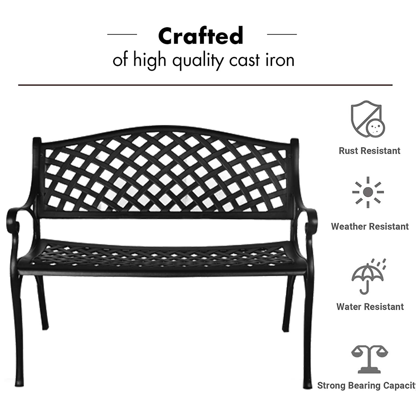 GIODIR Outdoor Patio Garden Bench All-Weather Cast Aluminum Loveseats Park Yard Furniture Porch Chair Work Entryway Decor w/Checkered Design (Black)