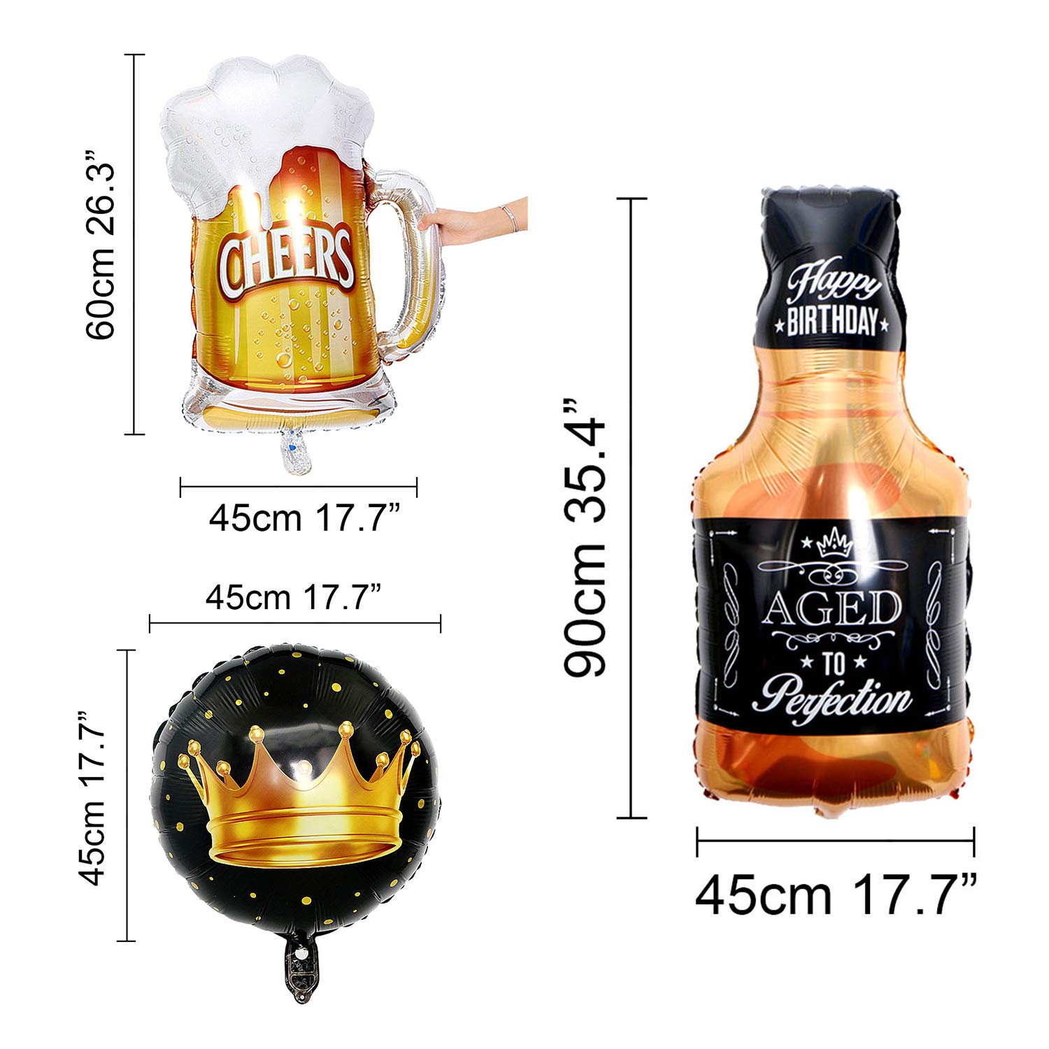 OULAIZ Happy Birthday Banner with Beer Mug Whiskey Bottle & Crown Mylar Foil Balloons, Birthday Party Decorations Supplies for Men and Women