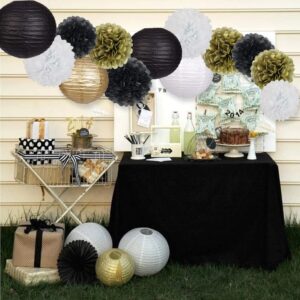 zilue Black Gold Party Decorations, Black Gold Paper Lanterns and Pom Poms Flowers for Birthday Party Graduation Masquerade New Years Party Decor 15PCS